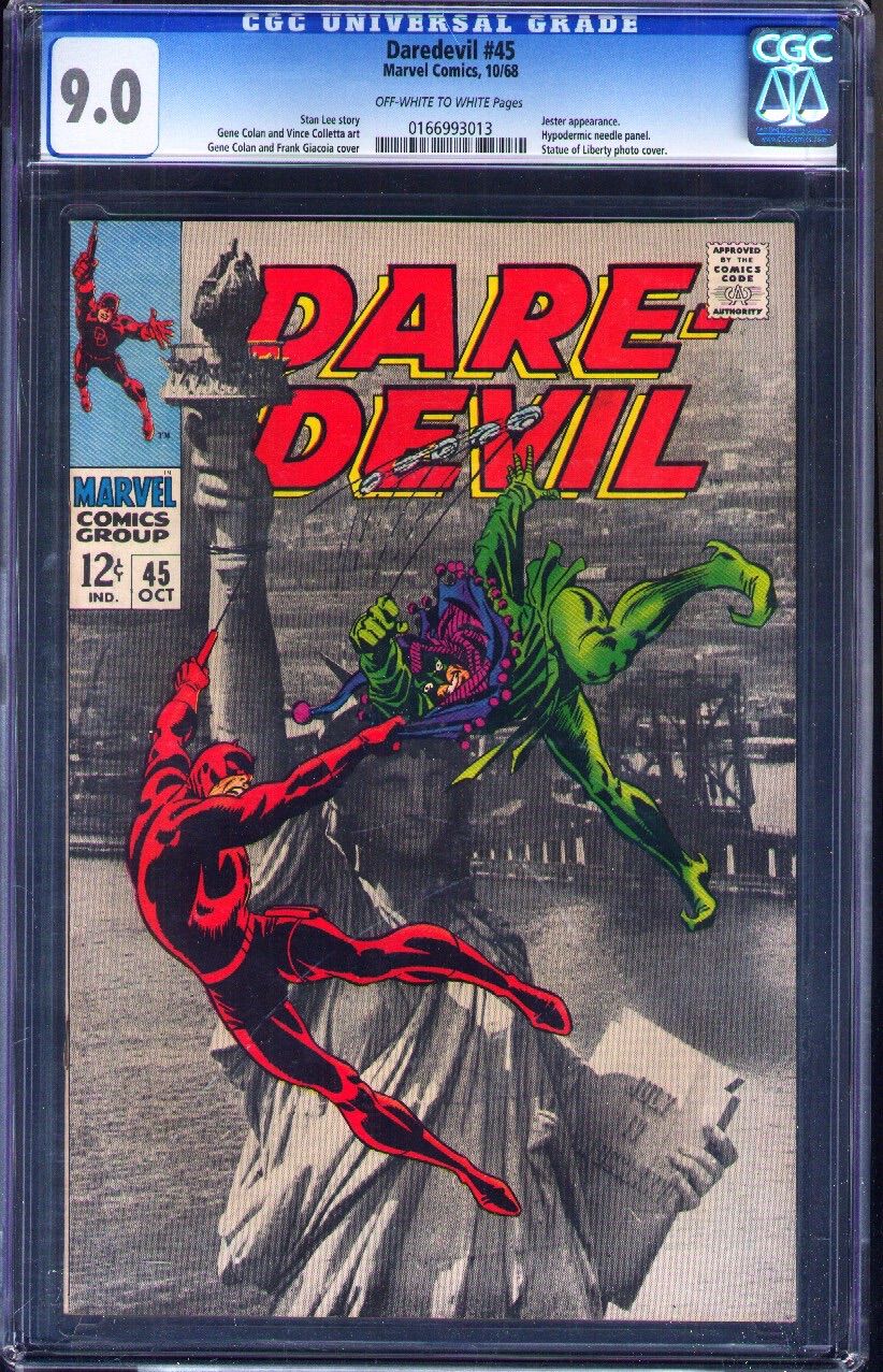 daredevil 45, cgc 9.0, ow/w f.s. great partial photo/statue of liberty ...