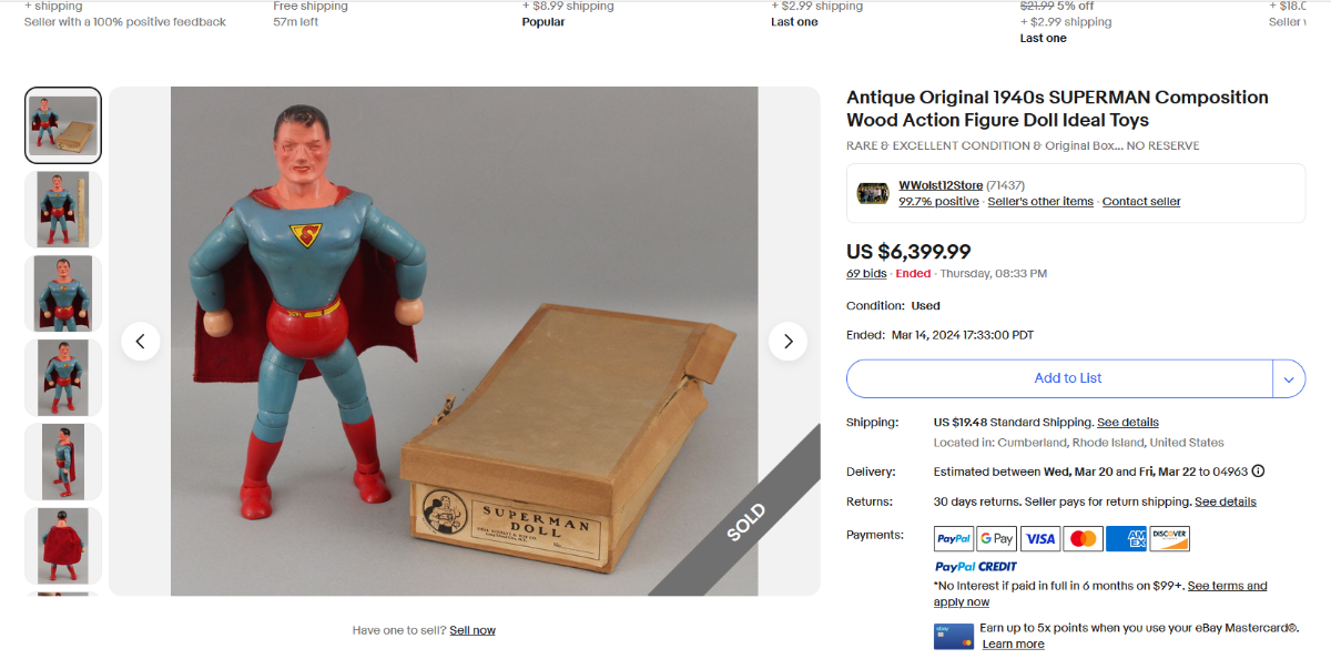 1940 Superman Wooden Jointed Doll (first licensed Superman toy) MIB ...
