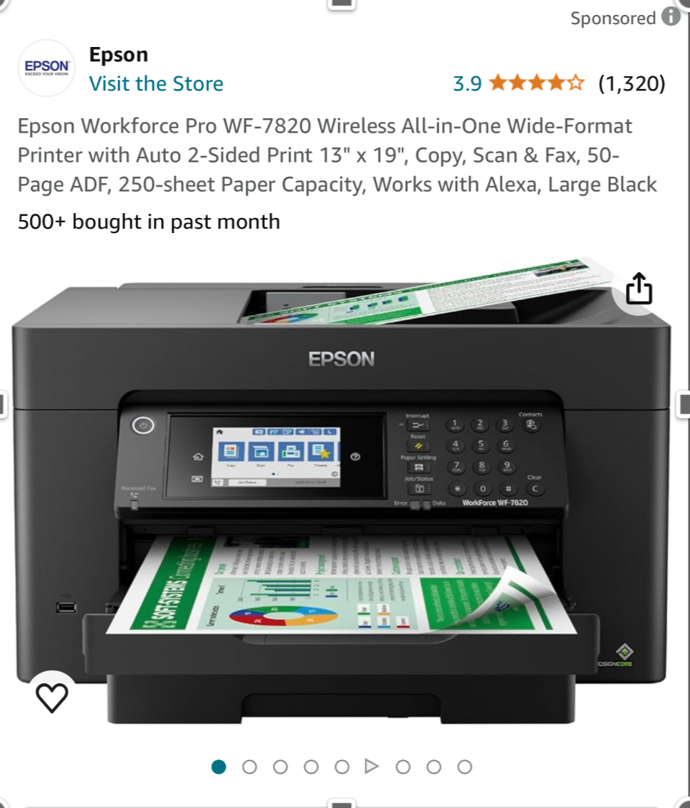 Epson WF-7820 $180 for all-in-one printer(13x19)/scanner(11x17)/fax ...