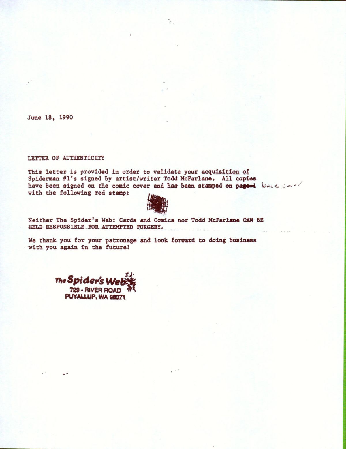 The Spider's Web COA Spider-man #1 Todd McFarlane - SigSeries Event ...